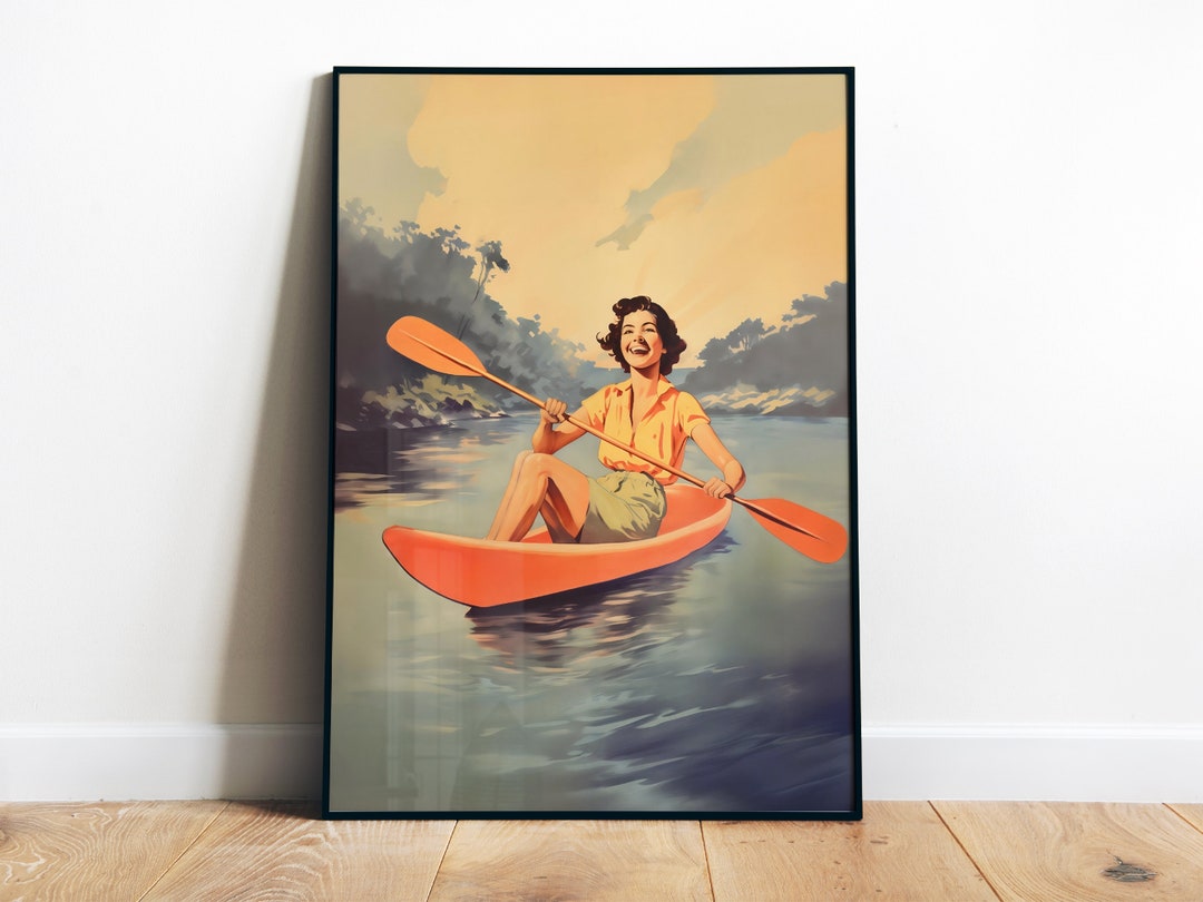 Retro Kayaking Girl Poster Printable Kayak Art Print Rafting Digital ...