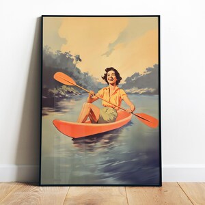 Retro Kayaking Girl Poster Printable Kayak Art Print Rafting Digital ...