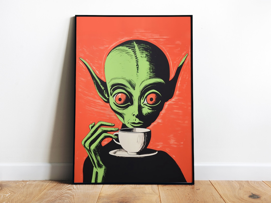 Alien Art Print Alien Drinking Coffee Wall Art Funny Retro Prints ...