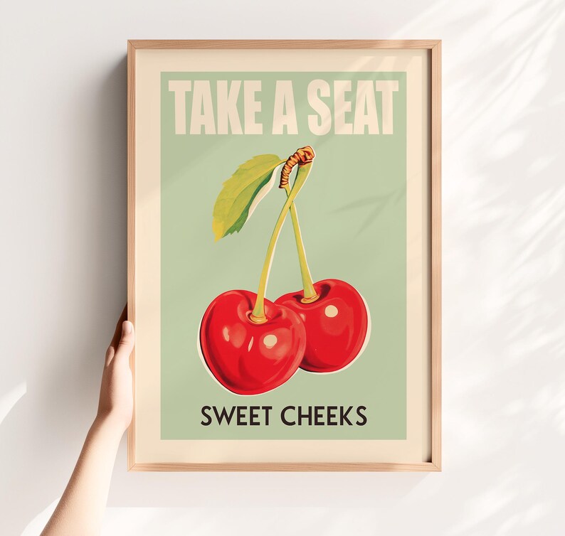 Funny Bathroom Art Take a Seat Sweet Cheeks Cherry Pun Poster Printable ...