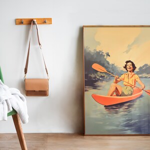 Retro Kayaking Girl Poster Printable Kayak Art Print Rafting Digital ...