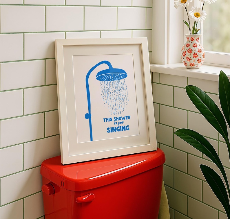 Shower Karaoke Print Funny Bathroom Wall Art Minimalist Blue Toilet Art ...