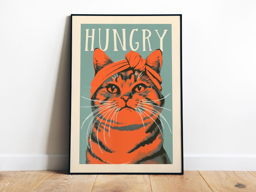 Hungry Cat Poster Printable Kitchen Wall Art Funny Poster Digital Blue ...