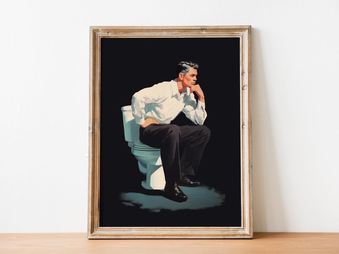 Funny Retro Thinking Man Toilet Art Print: Mid-century Bathroom Wall ...