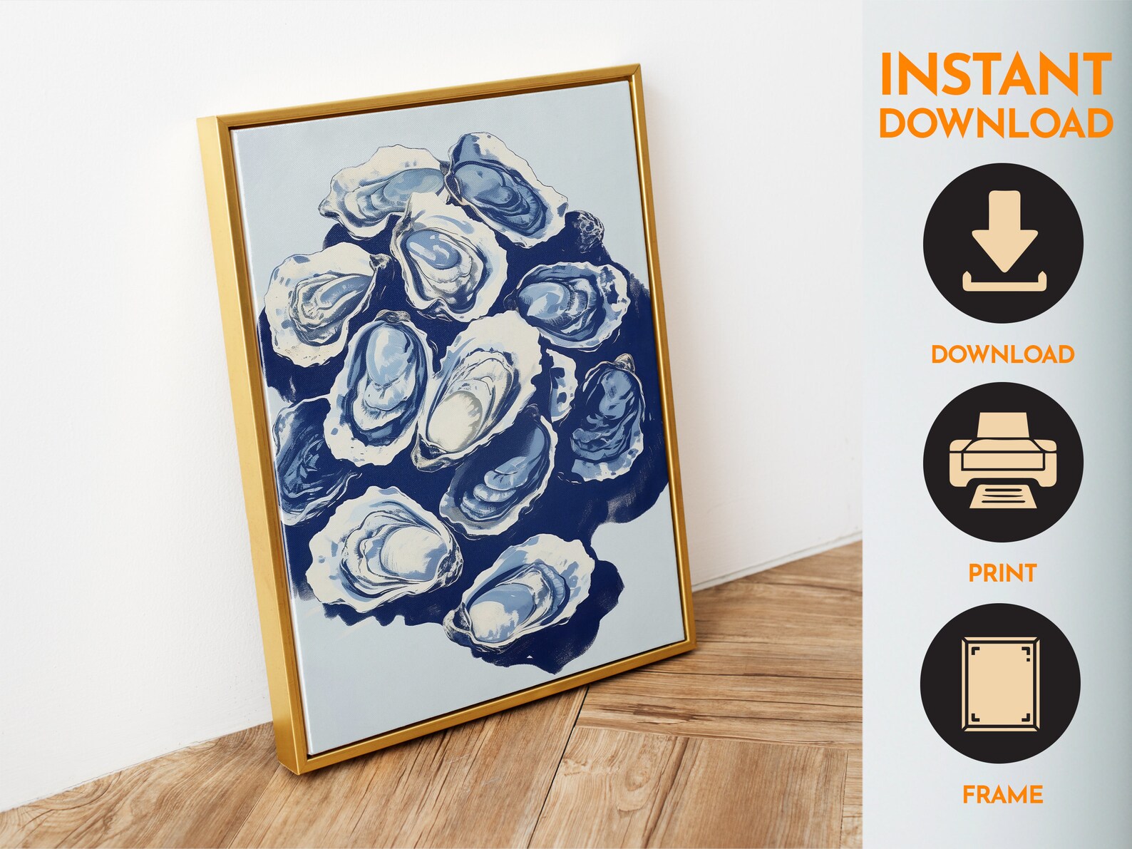Retro Oysters Poster Blue Kitchen Wall Art Printable Oyster Kitchen Art ...