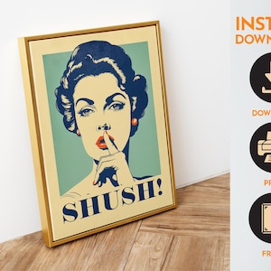 Funny Poster Printable Shh Poster Retro Wall Art Silence Digital Print ...