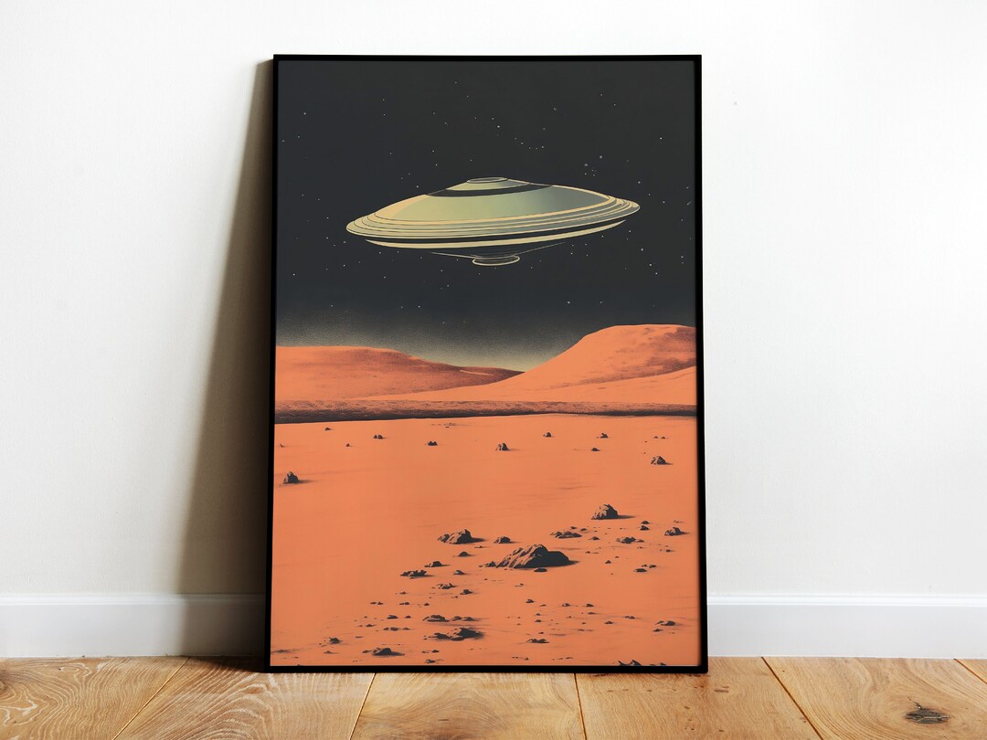 Retro UFO Desert Poster Digital Alien Wall Art UFO Art Print Hovering ...