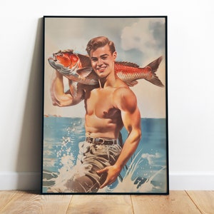 Retro Handsome Man Poster Vintage Fisherman Art Funny Digital Print Gay ...