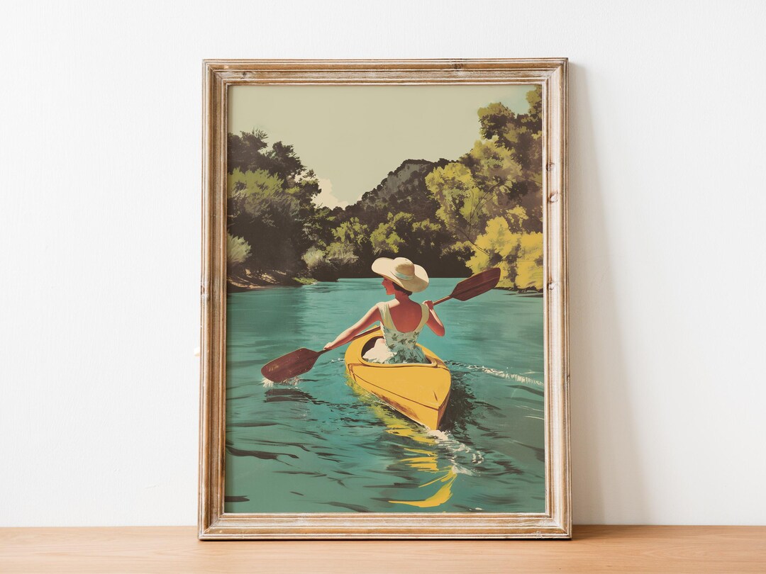 Vintage Style Kayak Wall Art – Woman Kayaking on Lake Nature Print ...