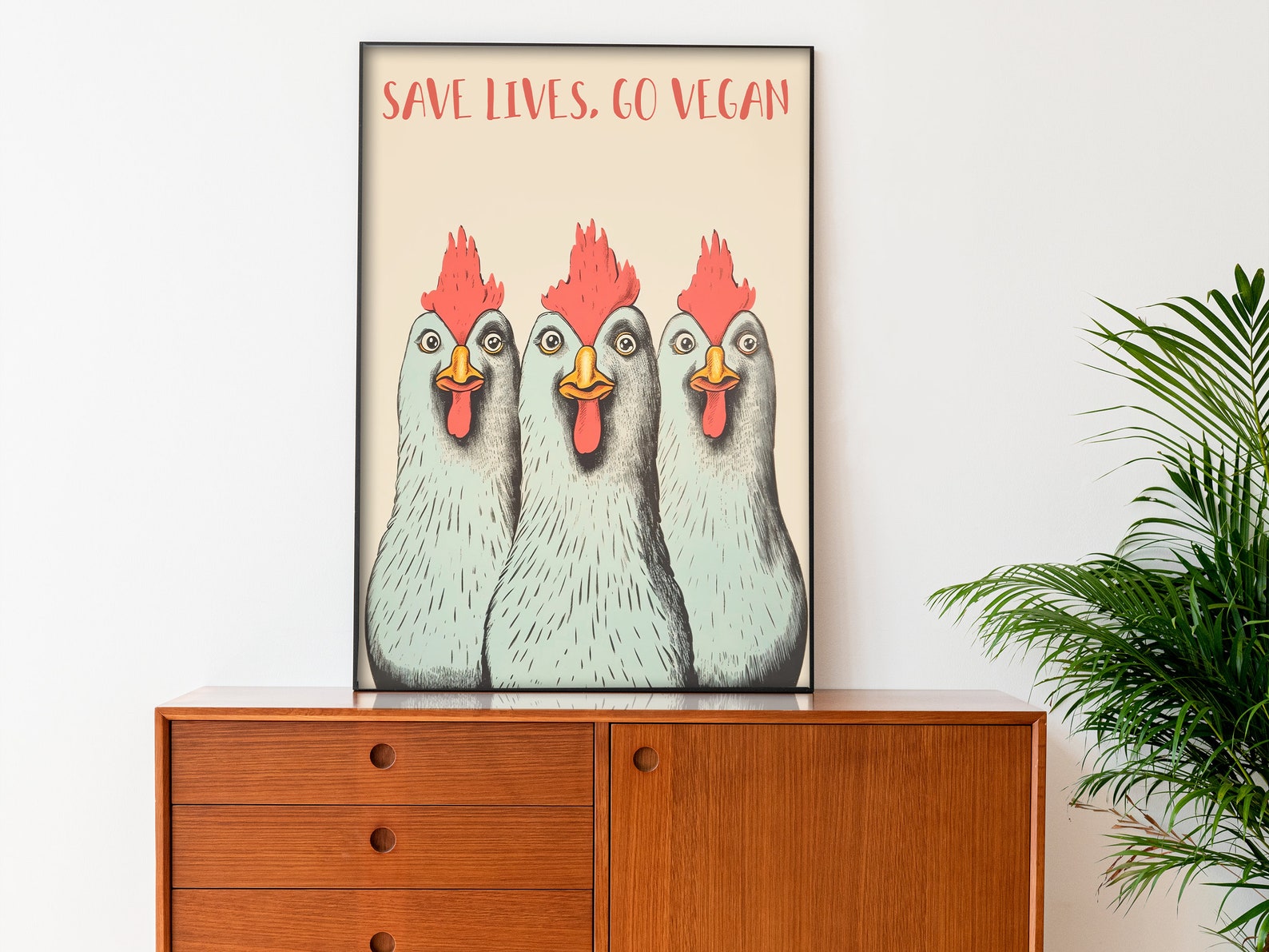 Retro Vegetarian Poster Chicken Art Print Cute Vegan Art Printable Hans ...