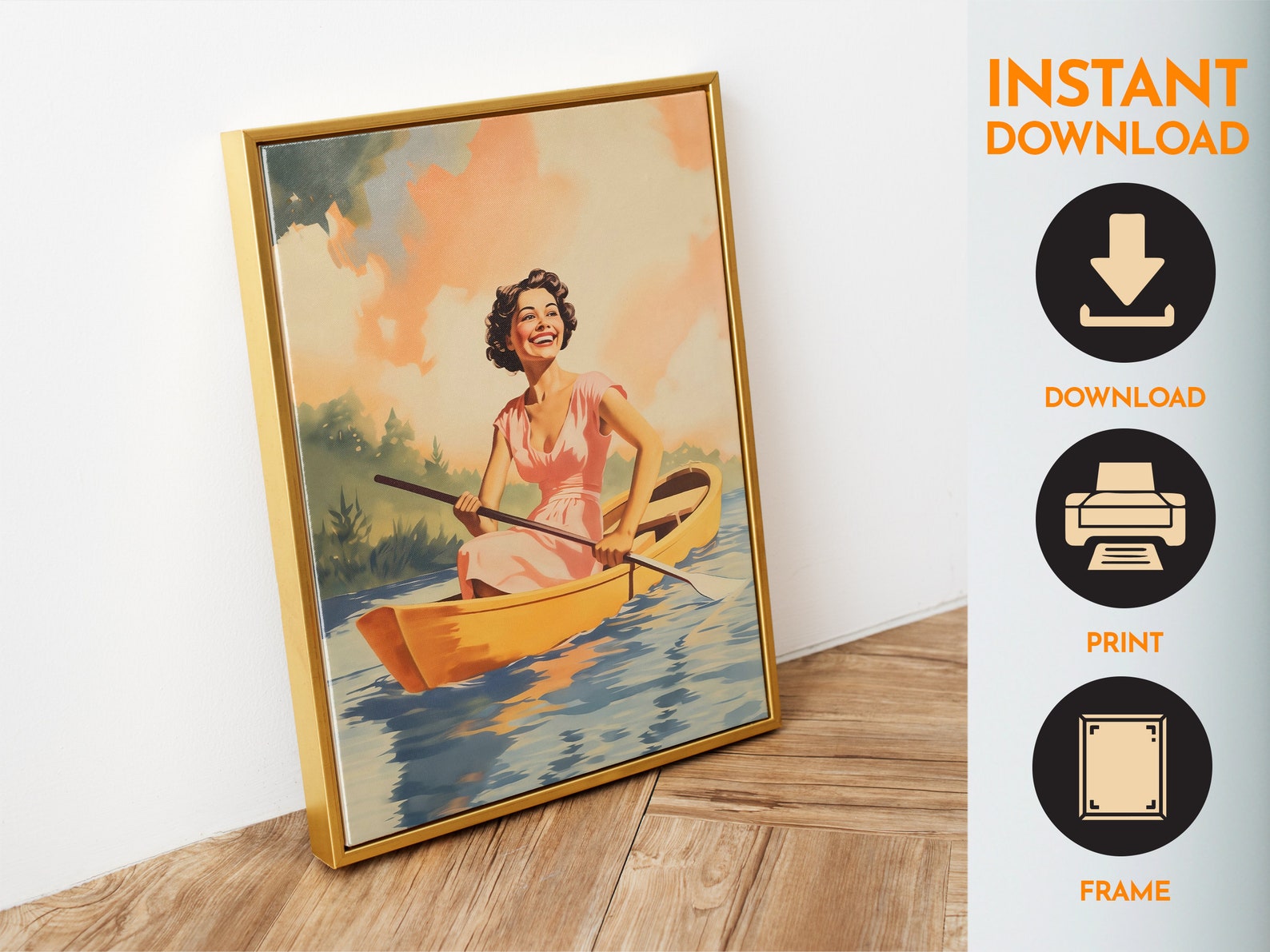 Canoe Digital Art Retro Poster Kayaking Wall Art Girly Wall Decor Lake ...