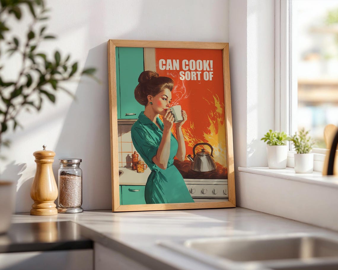 Funny Kitchen Art Poster – “can Cook! Sort Of” Retro Wall Art, Mid ...