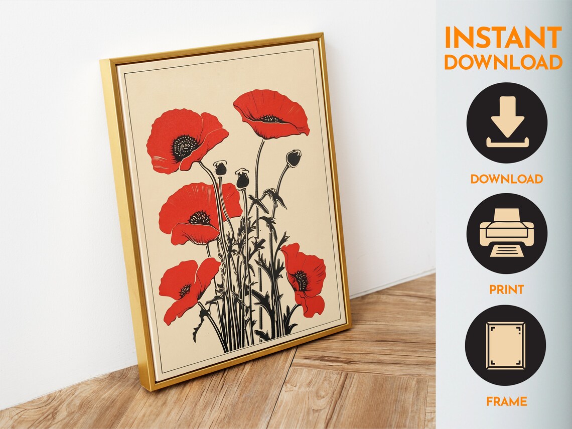 Poppy Printable Vintage Poppies Art Retro Print Retro Botanical Poster ...