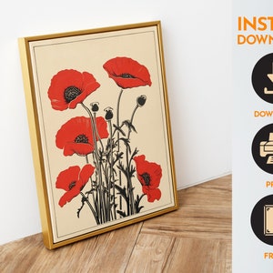Poppy Printable Vintage Poppies Art Retro Print Retro Botanical Poster ...