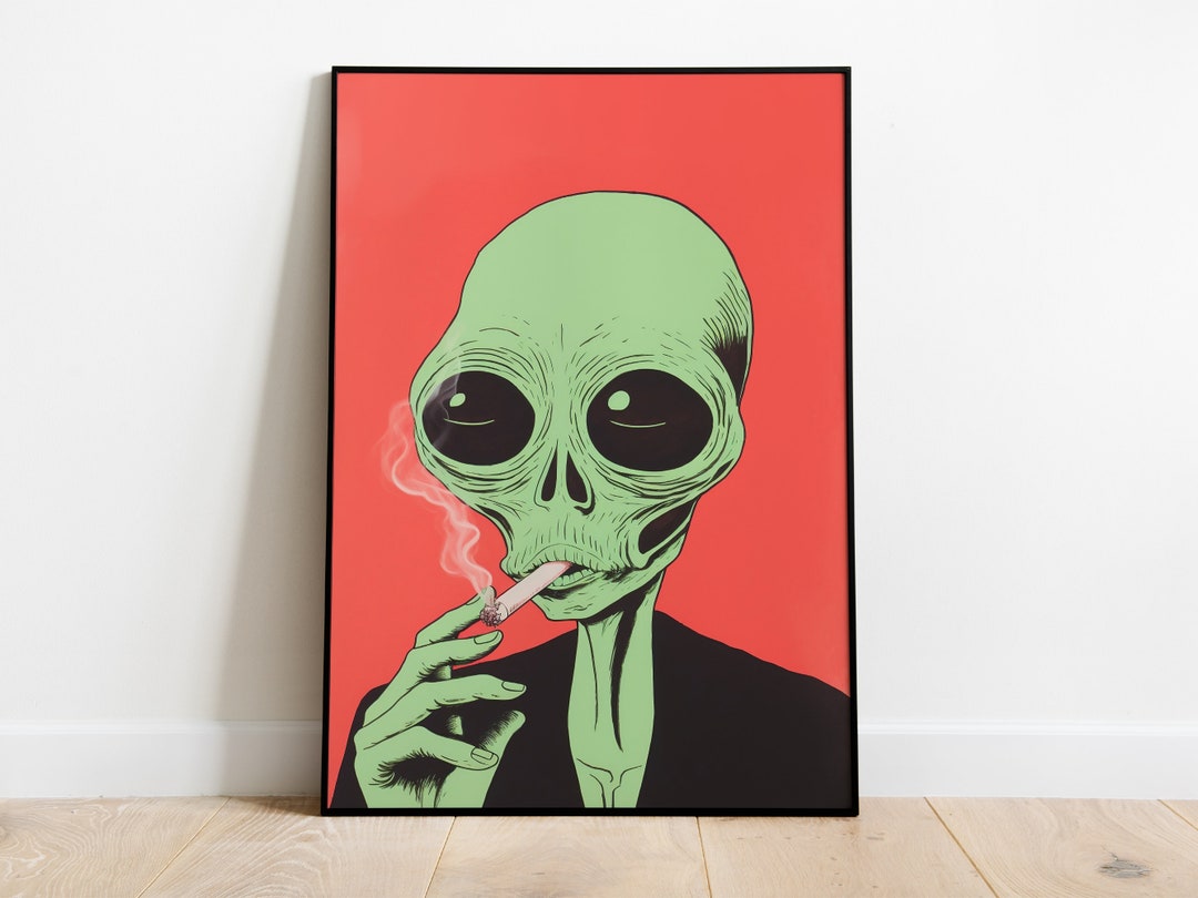 Smoking Alien Print Alien Poster Retro Alien Wall Art UFO Print Alien ...