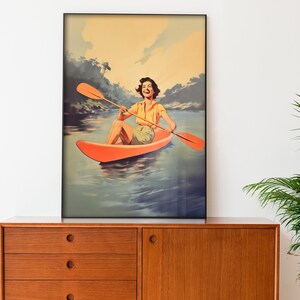 Retro Kayaking Girl Poster Printable Kayak Art Print Rafting Digital ...