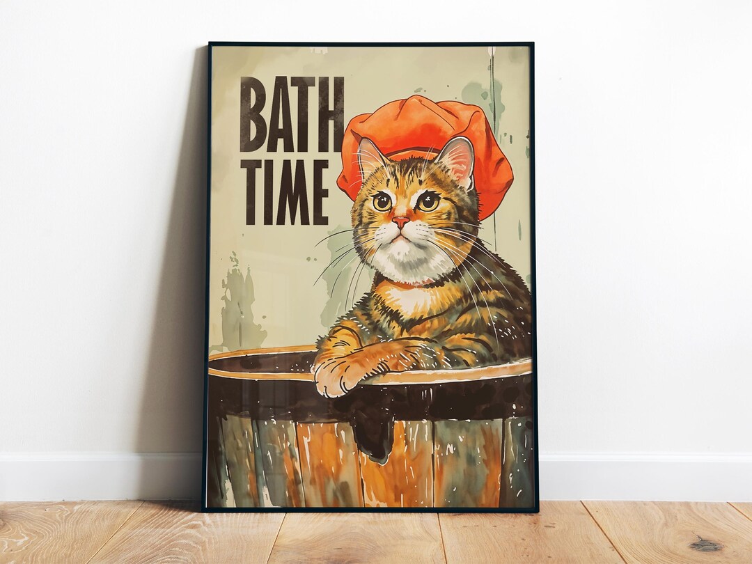 Cute Cat in Tub Art Print Shower Room Poster Digital Prints for Toilet ...