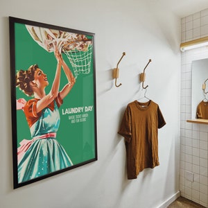 Retro Laundry Day Print Funny Posters Green Utility Room Art Digital ...