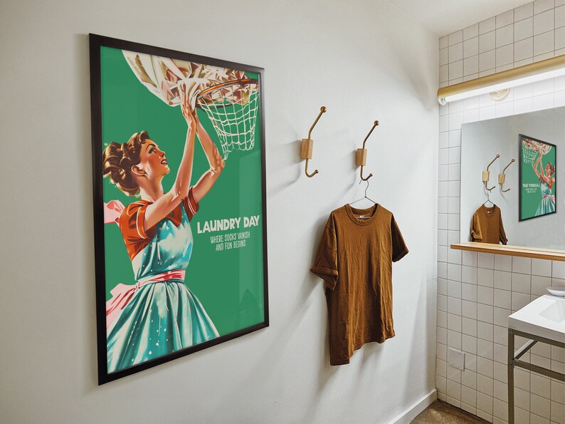 Retro Laundry Day Print Funny Posters Green Utility Room Art Digital ...