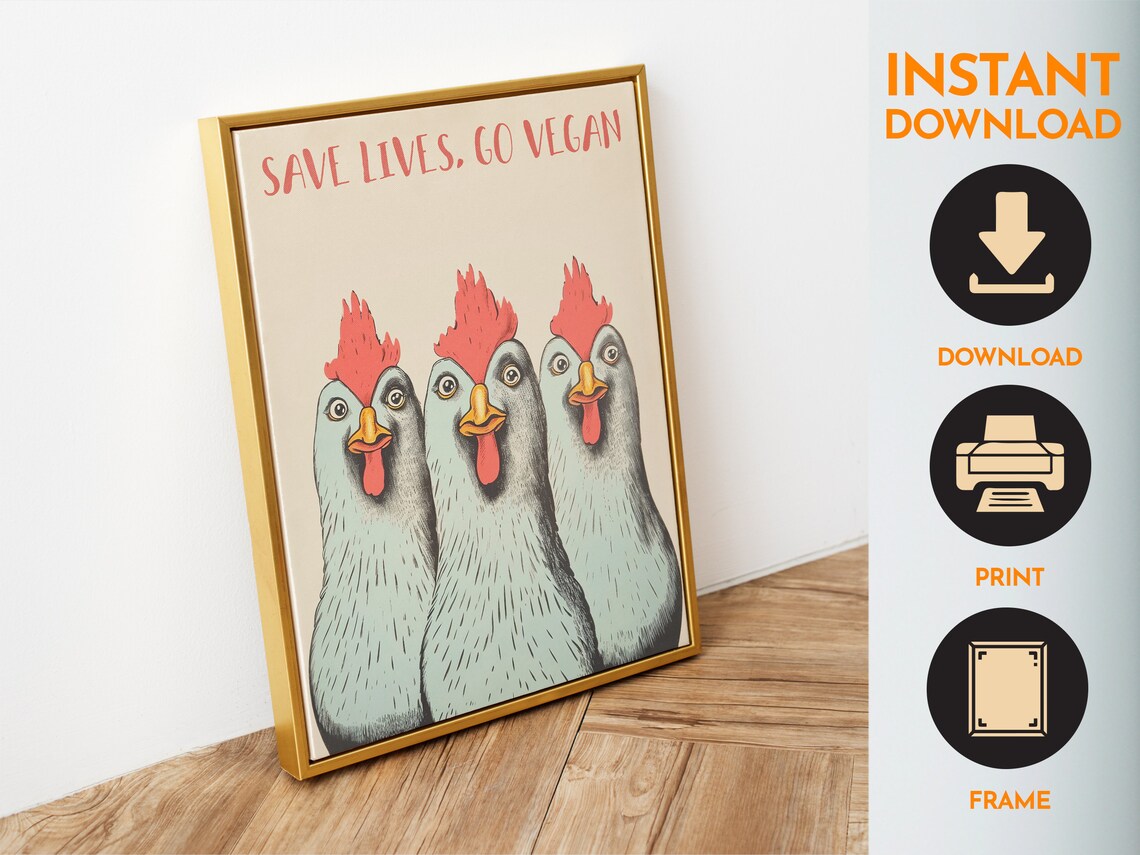 Retro Vegetarian Poster Chicken Art Print Cute Vegan Art Printable Hans ...
