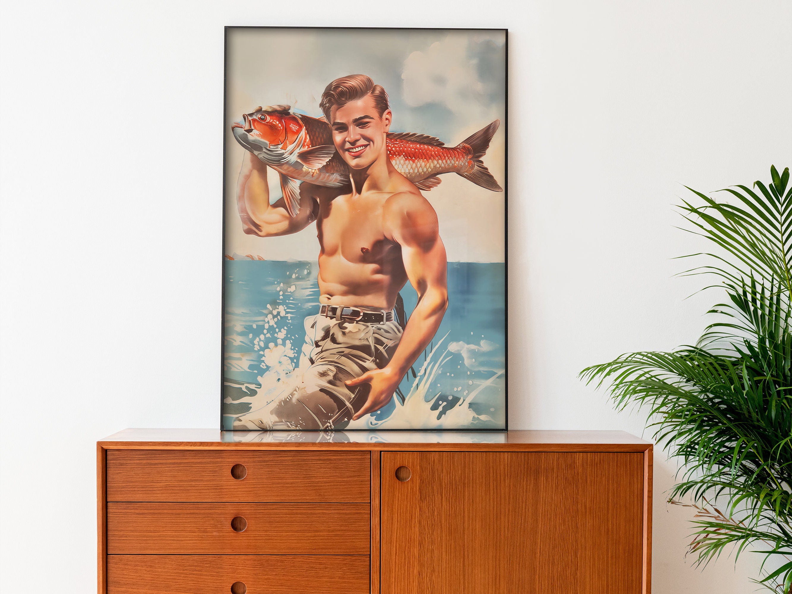Retro Handsome Man Poster Vintage Fisherman Art Funny Digital Print Gay ...