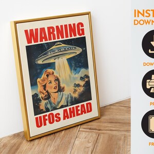 Warning Ufos Ahead Poster Printable Alien Decor Funny Retro Print Ufo ...