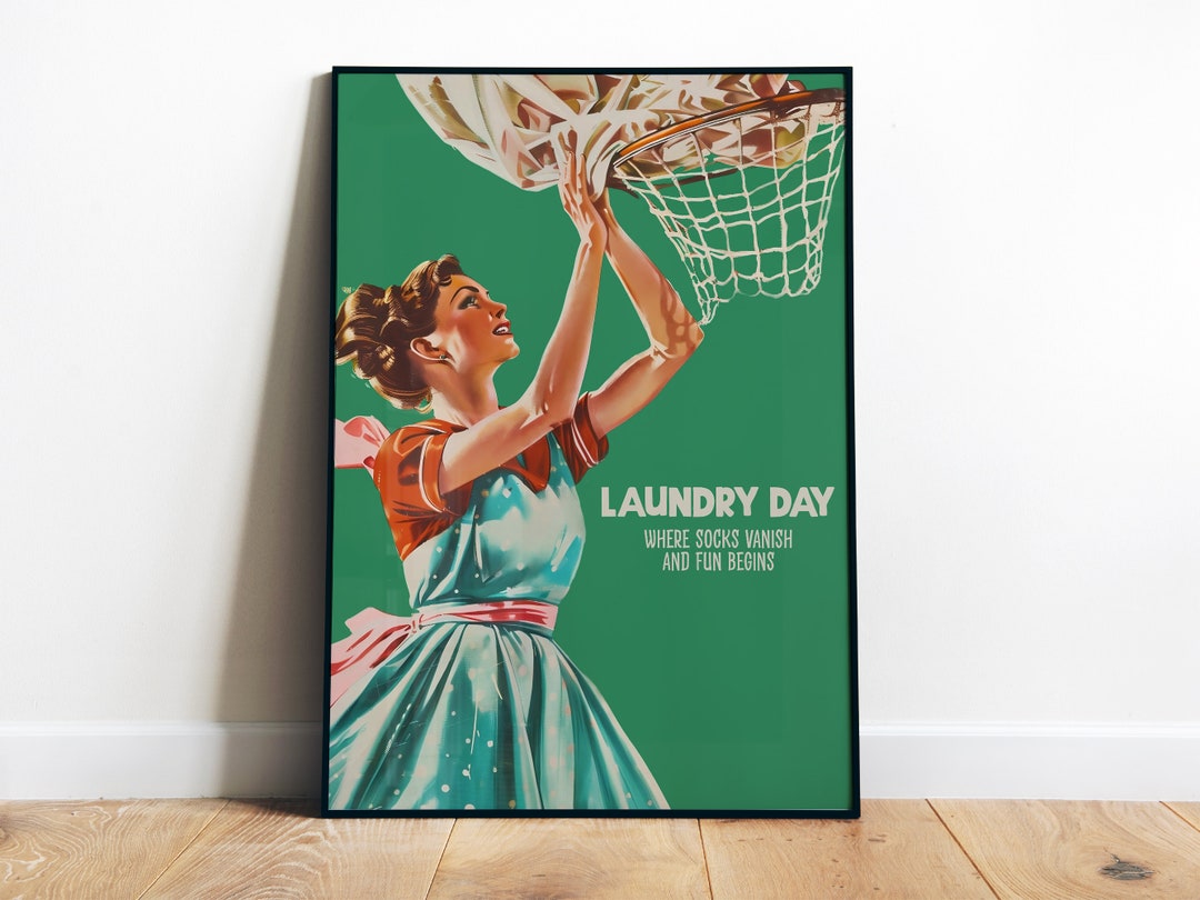 Retro Laundry Day Print Funny Posters Green Utility Room Art Digital ...