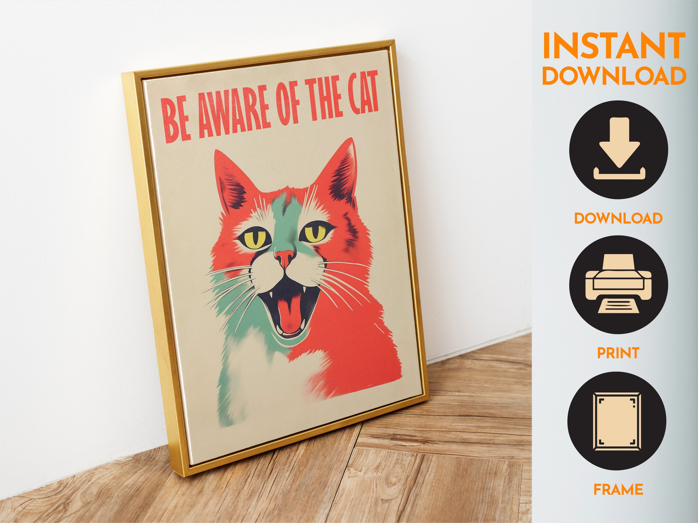 Be Aware of the Cat Print Download Funny Poster Retro Prints Entryway ...