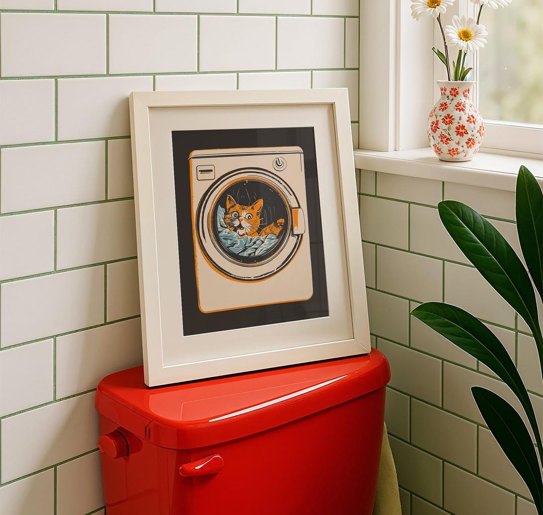 Printable Laundry Art for Utility Room Funny Cat Mid Century Modern ...
