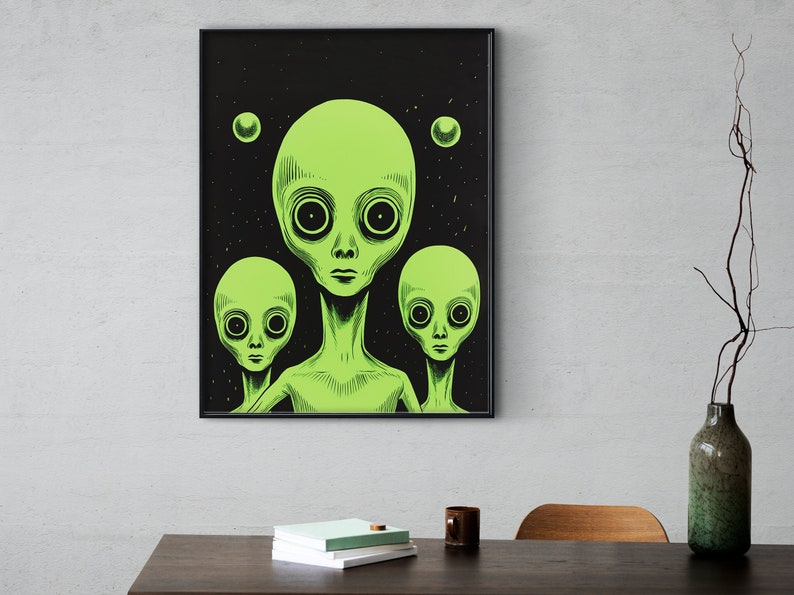Alien Wall Art Retro Wall Art Alien Art Print UFO Print Alien Poster ...