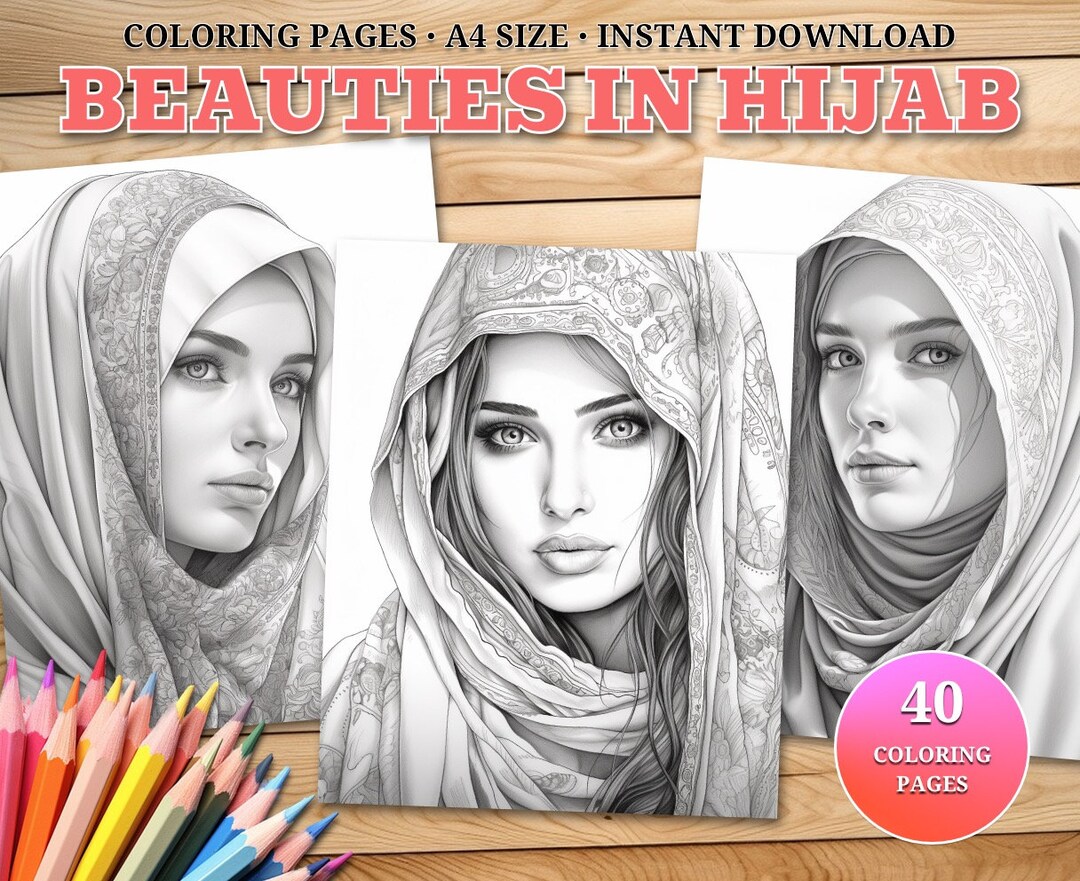 Beauties in Hijabs, Arabic Muslim Woman Coloring Book Pages - Digital ...