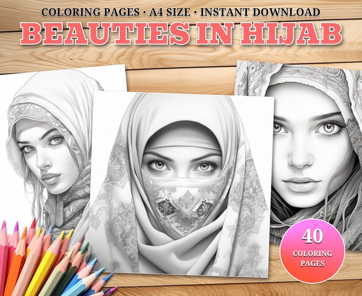 Beauties in Hijabs, Arabic Muslim Woman Coloring Book Pages - Digital ...
