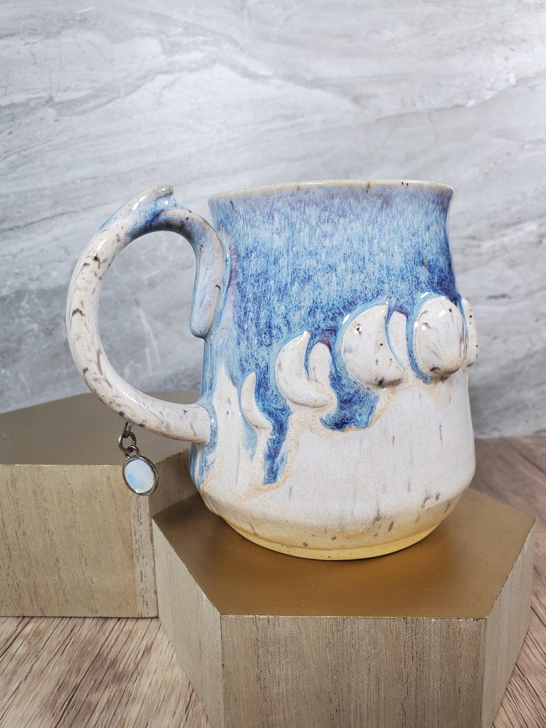Ceramic Moon Phase Mug With Drippy Blue/purple Glaze and Opal Dangle ...