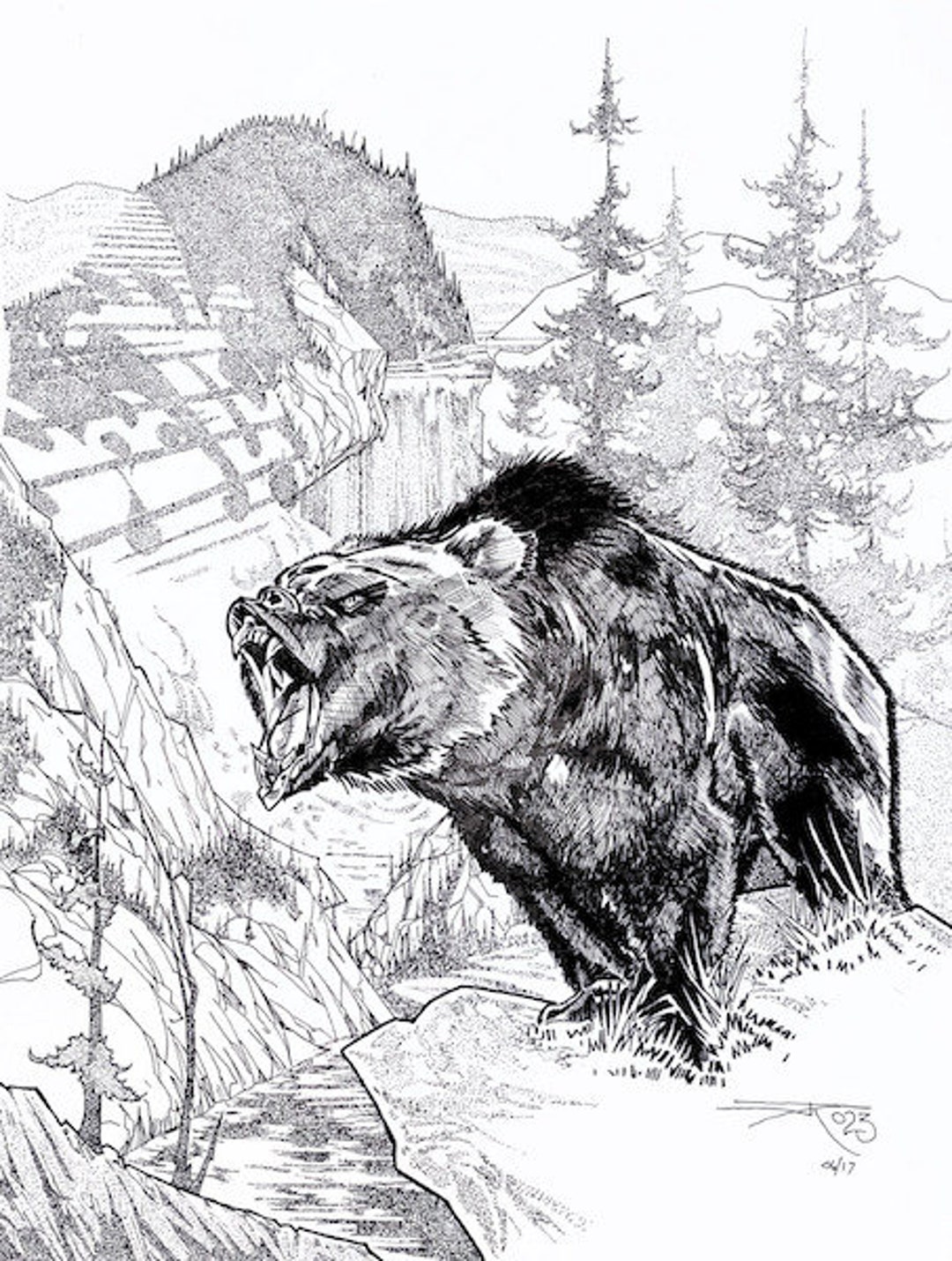 Grizzly Bear Pen and Ink Drawing / Black and White Line and Stippling ...