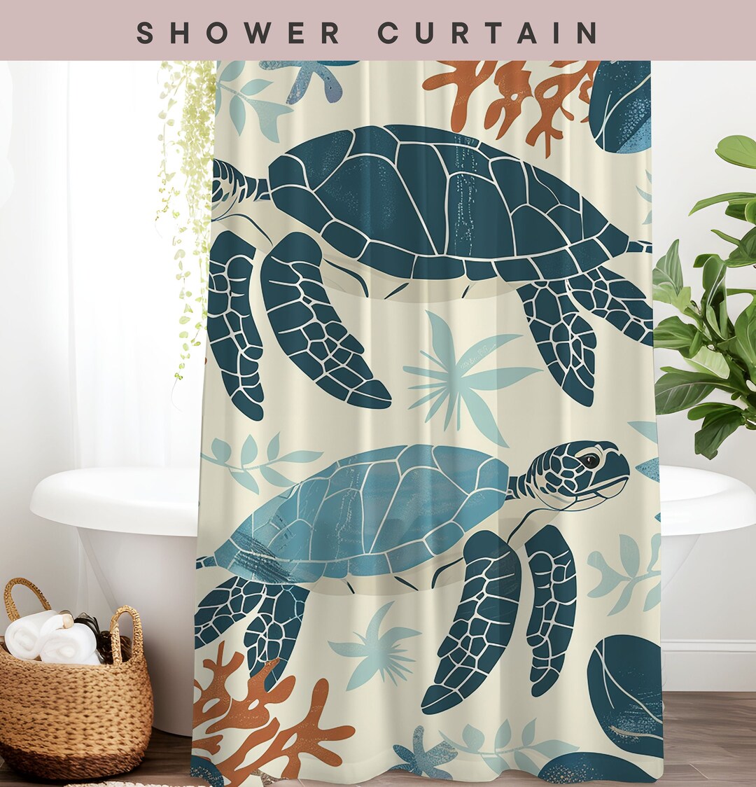 Sea Turtle Shower Curtain Coastal Decor, Seascape Beach House Decor ...