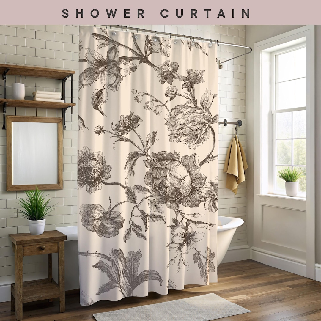 Floral Shower Curtain - French Toile Cocoa Taupe Botanical Decor for ...