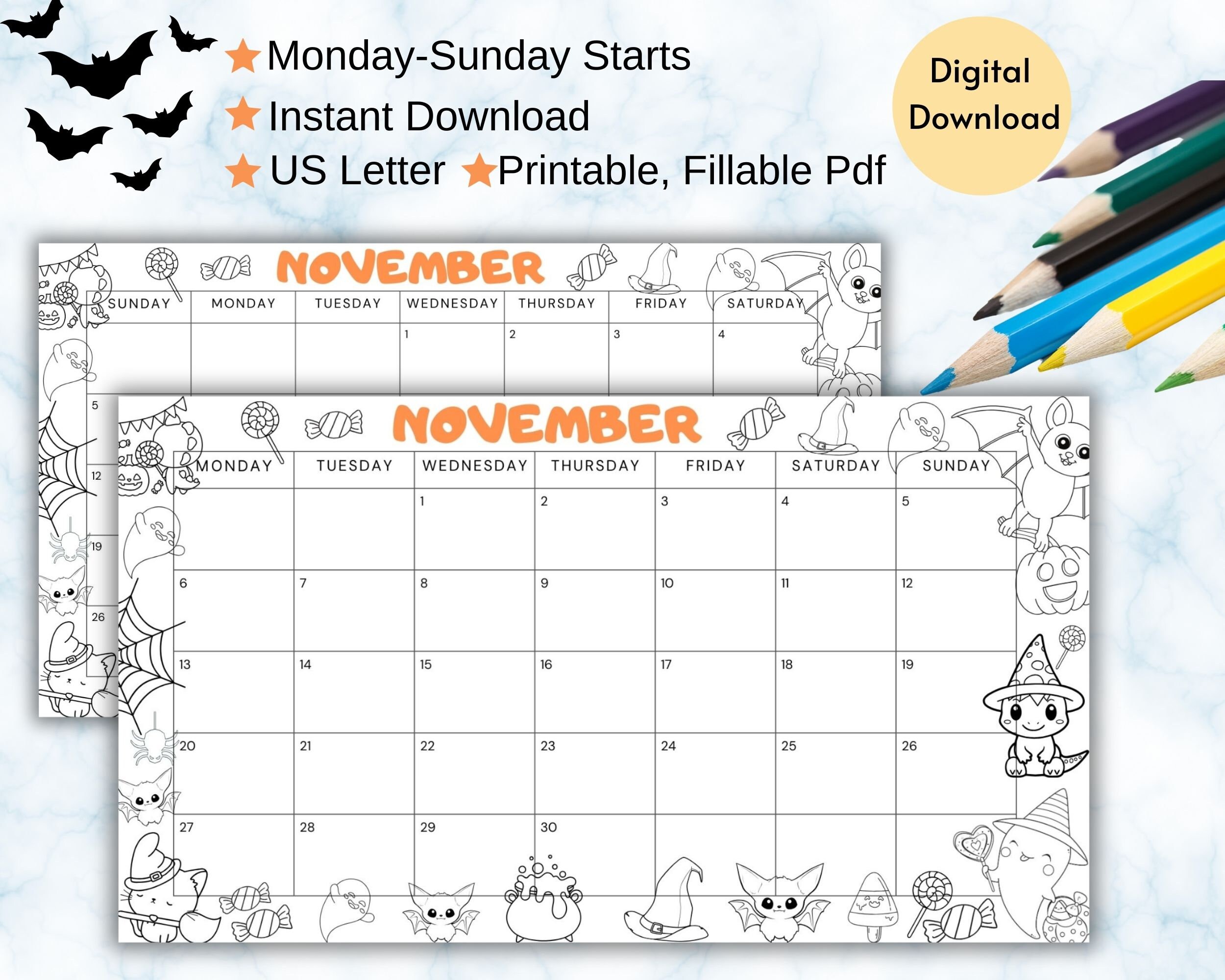 Printable November 2023 Calendar/paintable Monthly Planner/halloween ...