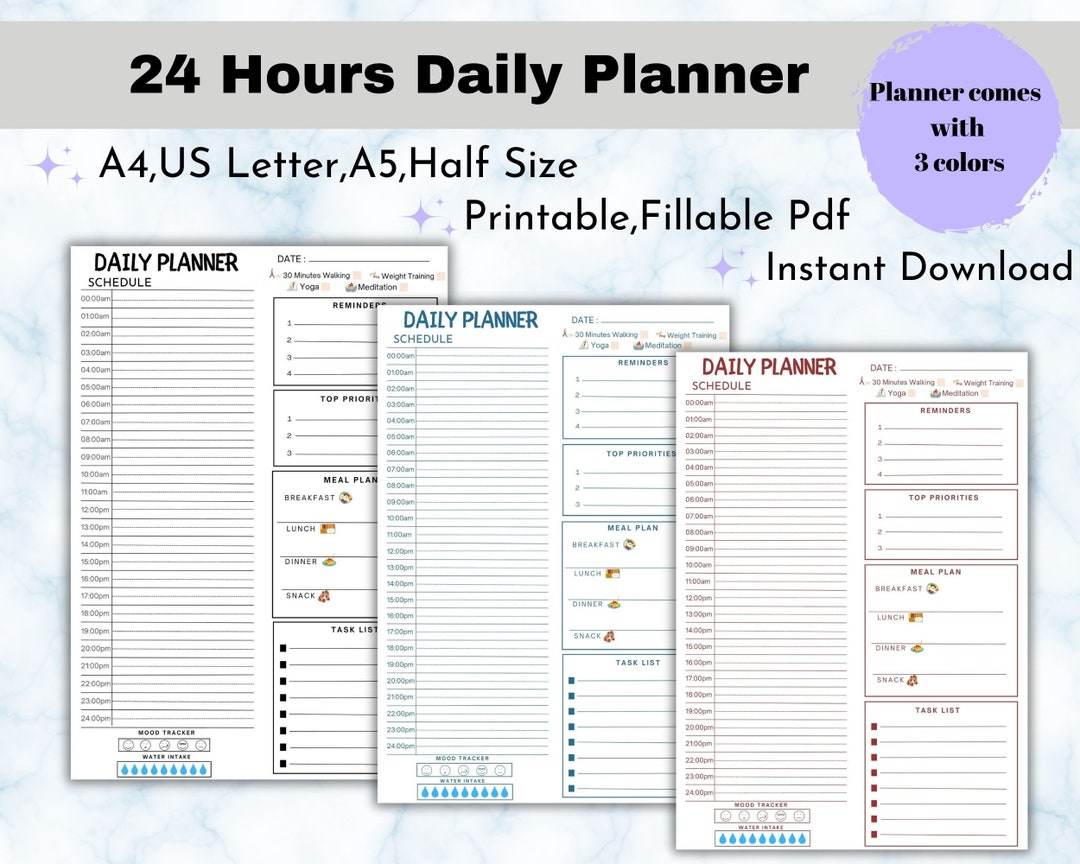 24 Hour Daily Planner,24hrs Daily Schedule,hourly Planner,to Do List ...