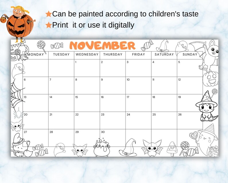 Printable November 2023 Calendar/paintable Monthly Planner/halloween ...