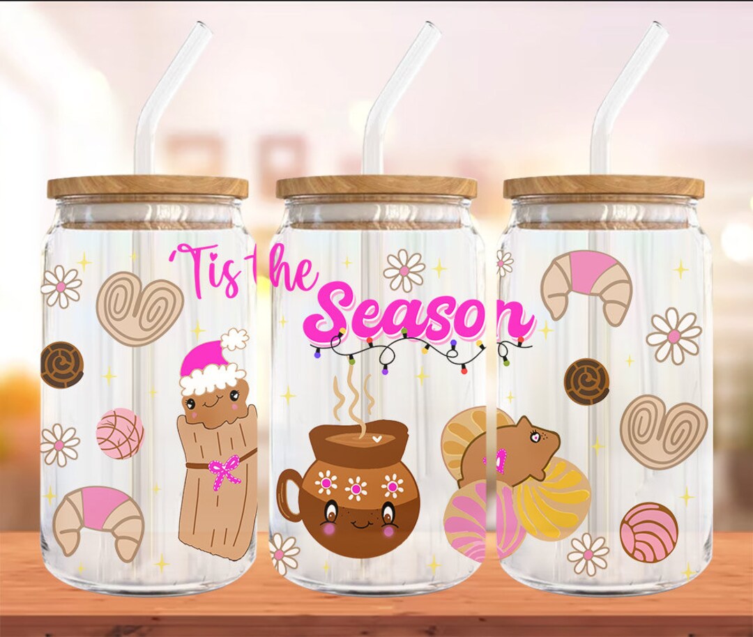 Tis the Season Conchas Christmas, Cafecito Y Chisme 16oz Glass Can PNG ...