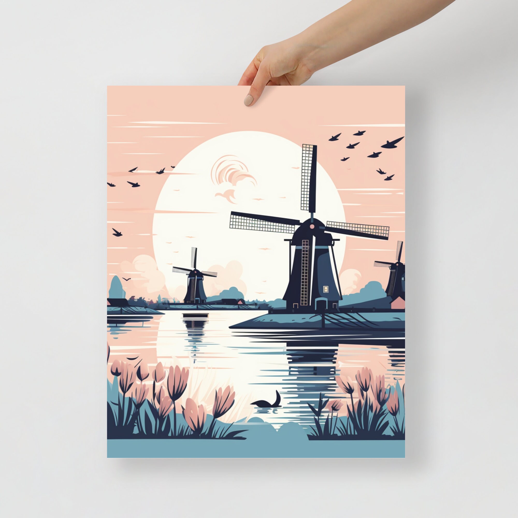 Dutch Serenity: Minimalist Line Art Poster of Kinderdijk Windmills - Etsy