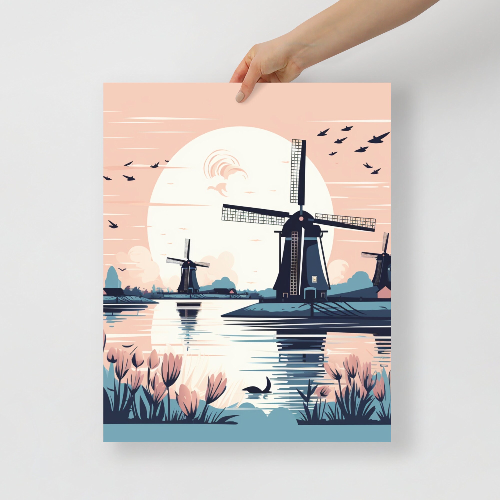 Dutch Serenity: Minimalist Line Art Poster of Kinderdijk Windmills - Etsy