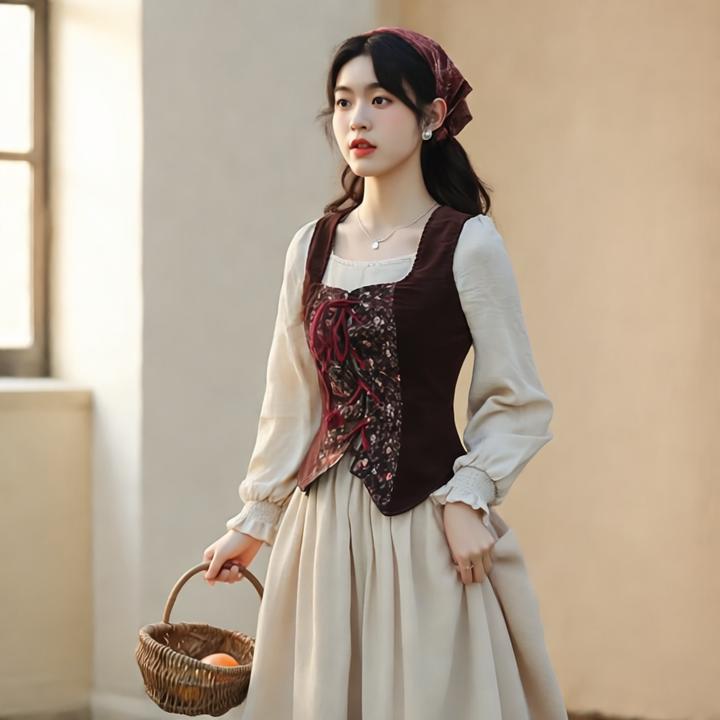 Special Design Vintage Cottagecore Lace-up Dress, French Prairie A-line ...