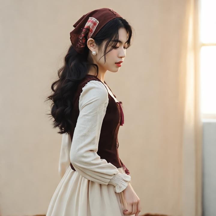 Special Design Vintage Cottagecore Lace-up Dress, French Prairie A-line ...