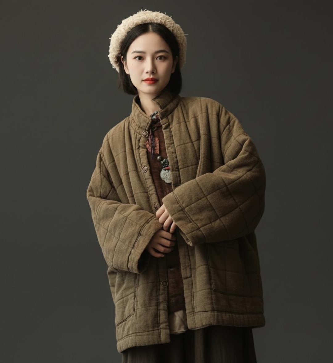 Vintage Quilted Cotton Winter Parka for Women, Stand Collar Oversize ...