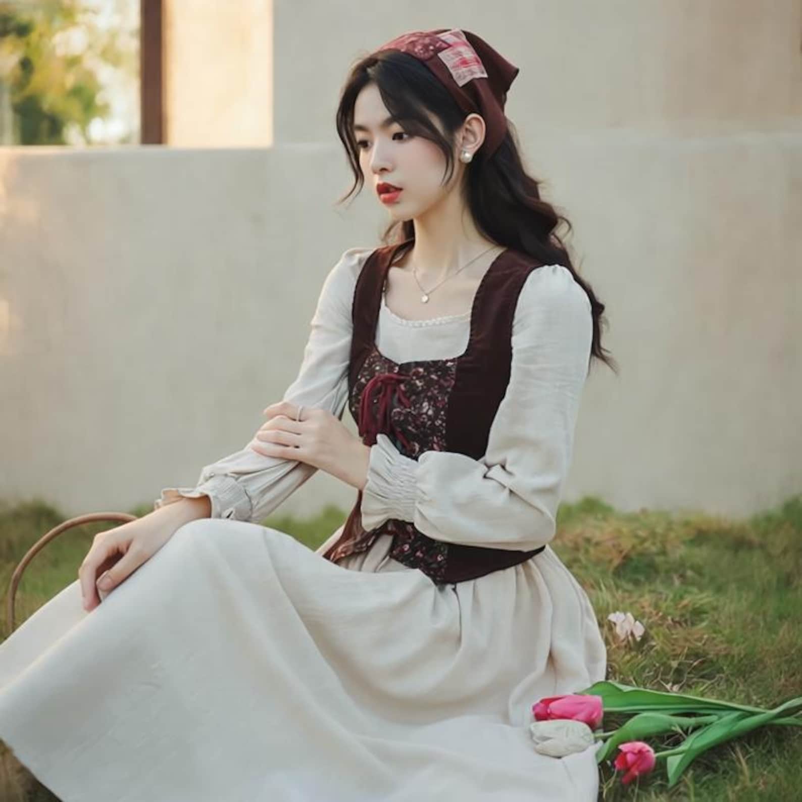 Special Design Vintage Cottagecore Lace-up Dress, French Prairie A-line ...