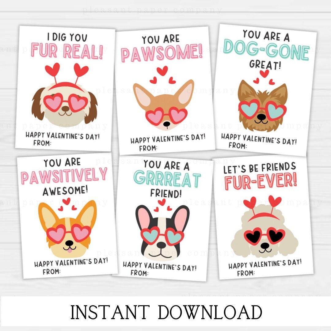 Printable Dog Valentine's Day Cards, Puppy Valentine’s Day Cards, Kids ...