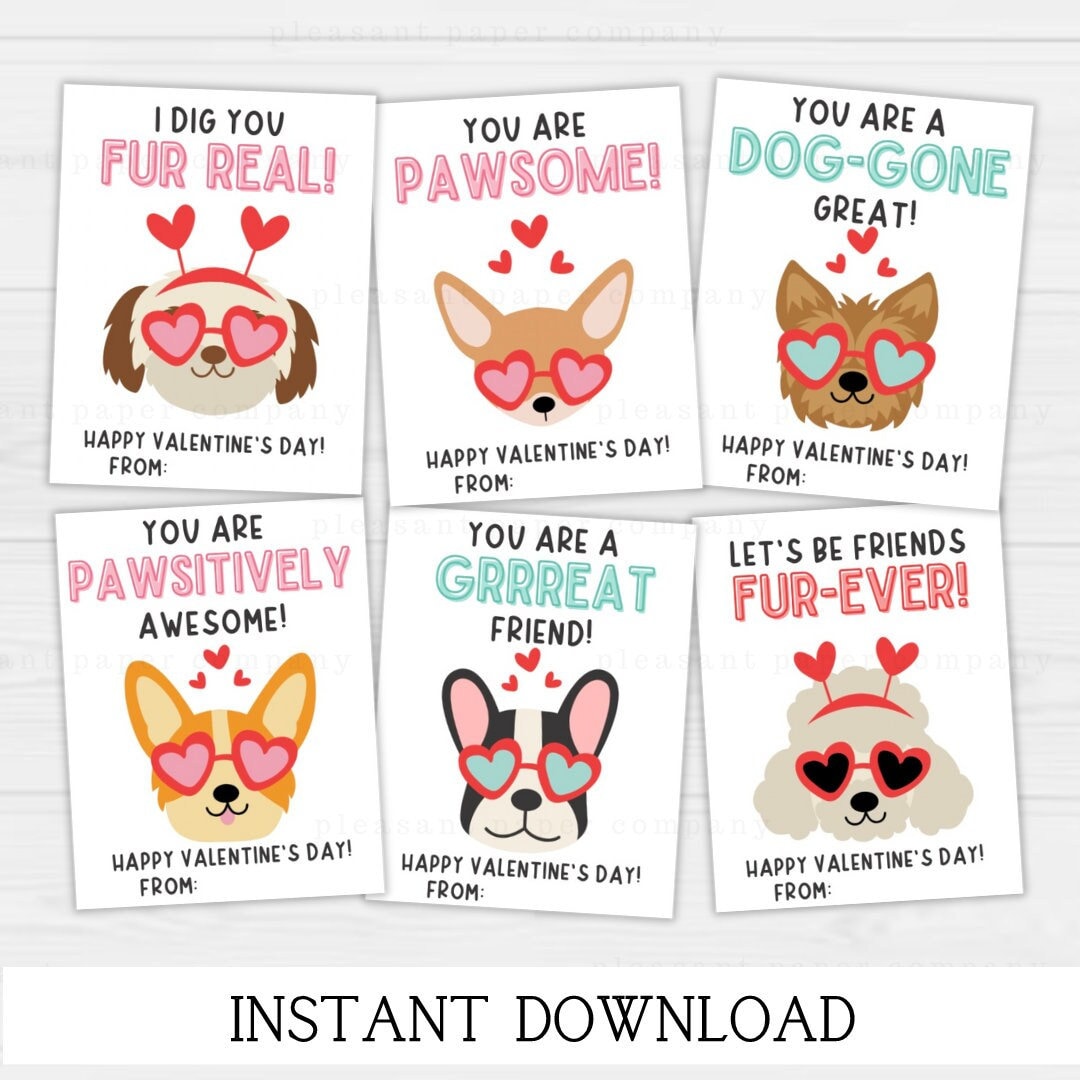 Printable Dog Valentine's Day Cards, Puppy Valentine’s Day Cards, Kids ...