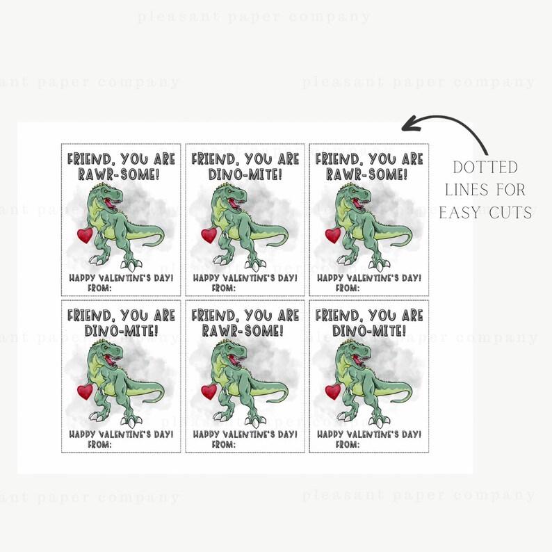 Kids Dinosaur Valentines Day Cards, Printable Valentines Day Tags, Kid ...