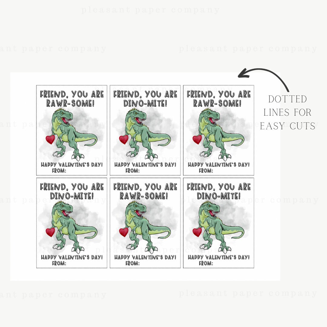 Kids Dinosaur Valentines Day Cards, Printable Valentines Day Tags, Kid ...